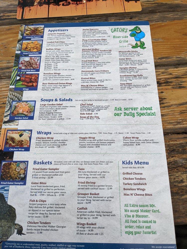 Menu at Gators Riverside Grille restaurant, Sanford