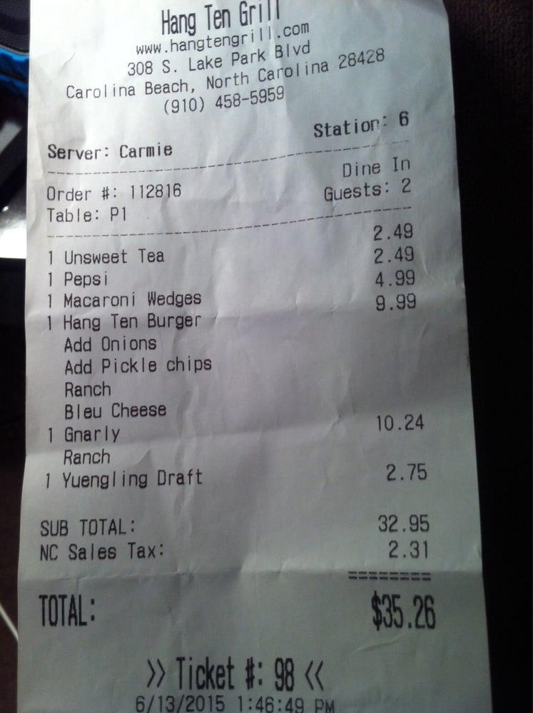 Menu at Hang Ten Grill restaurant, Carolina Beach
