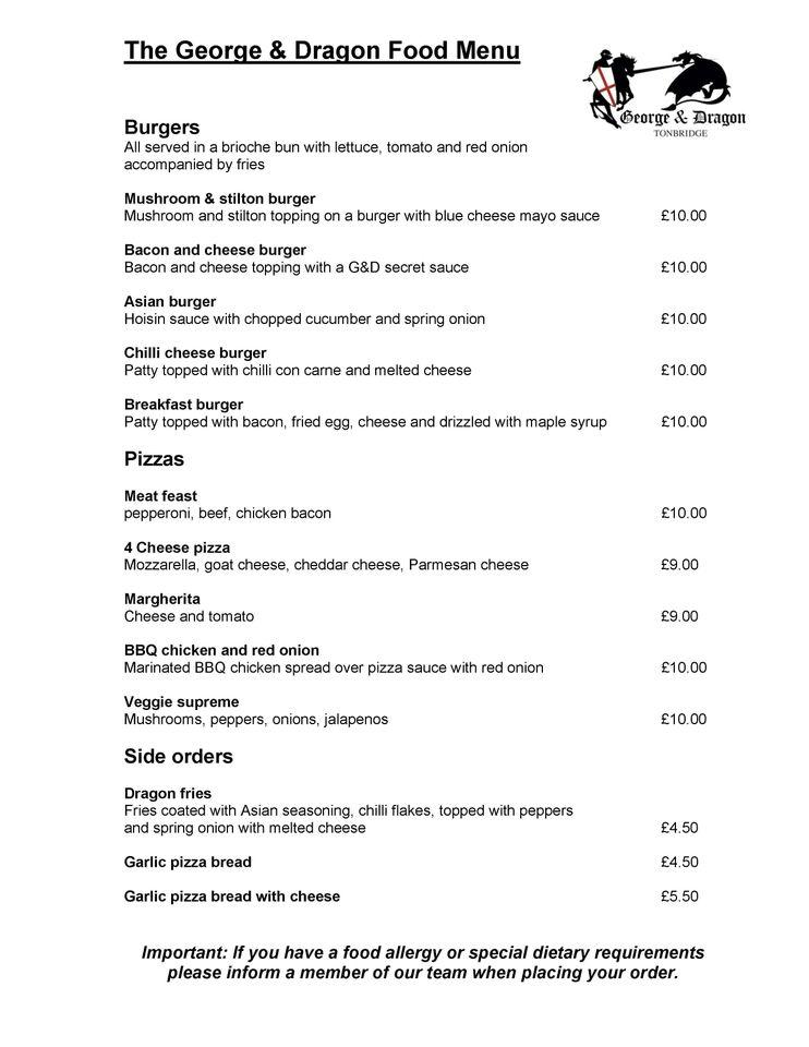Menu at The George & Dragon Public House, Tonbridge, 17 Shipbourne Rd