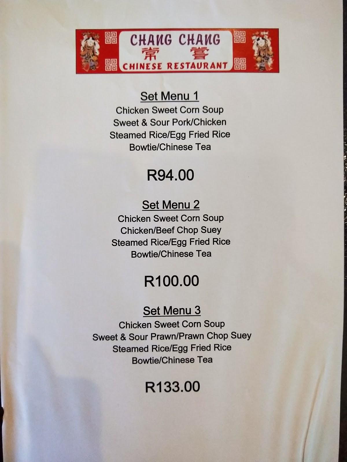 Menu at Chang Chang Chinese Restaurant., Parys