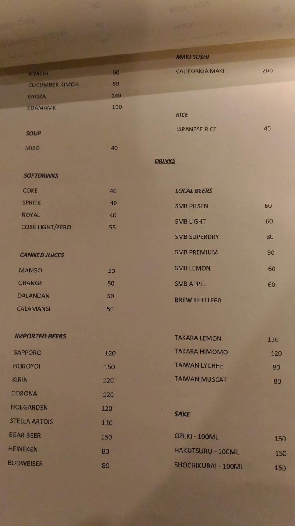 Menu at KUSHIYA restaurant, Bacolod