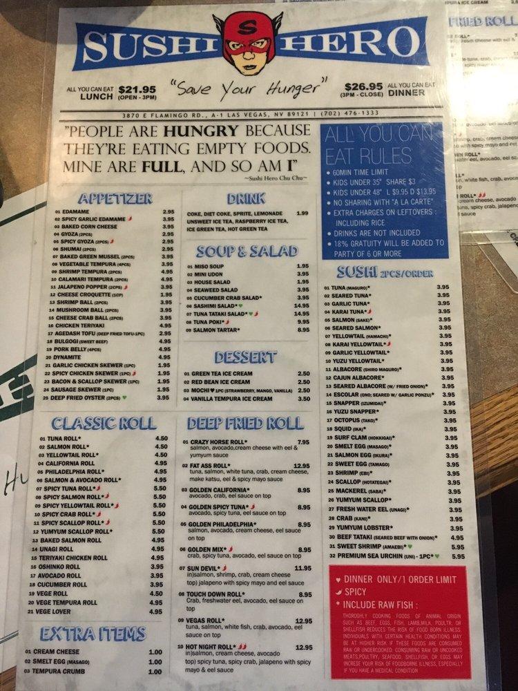 Menu at Sushi Hero restaurant, Las Vegas