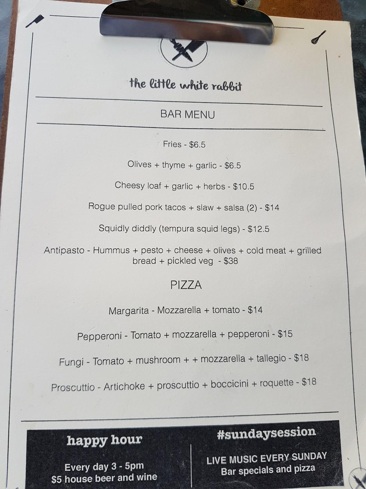 Menu at The Little White Rabbit cafe, Foxton Beach