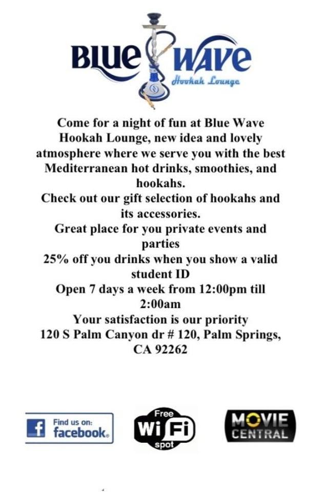 Menu at Blue Wave Hookah Lounge pub & bar, Palm Springs