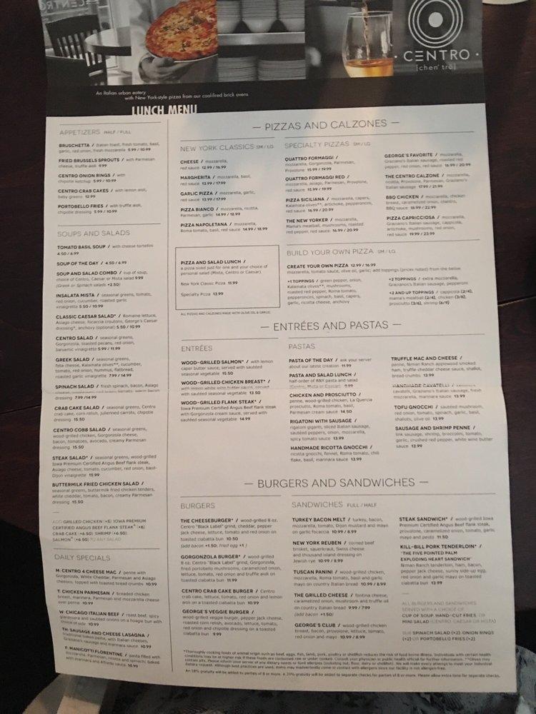 Menu at Centro restaurant, Des Moines