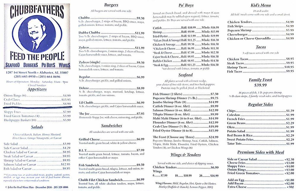 Menu at Chubbfathers restaurant, Alabaster, 229 Kent Stone Blvd