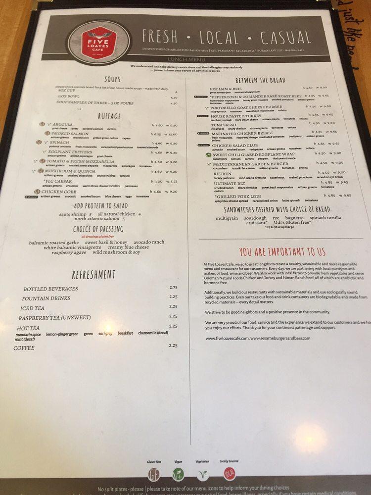 Menu at Five Loaves Cafe, Summerville, 214 N Cedar St
