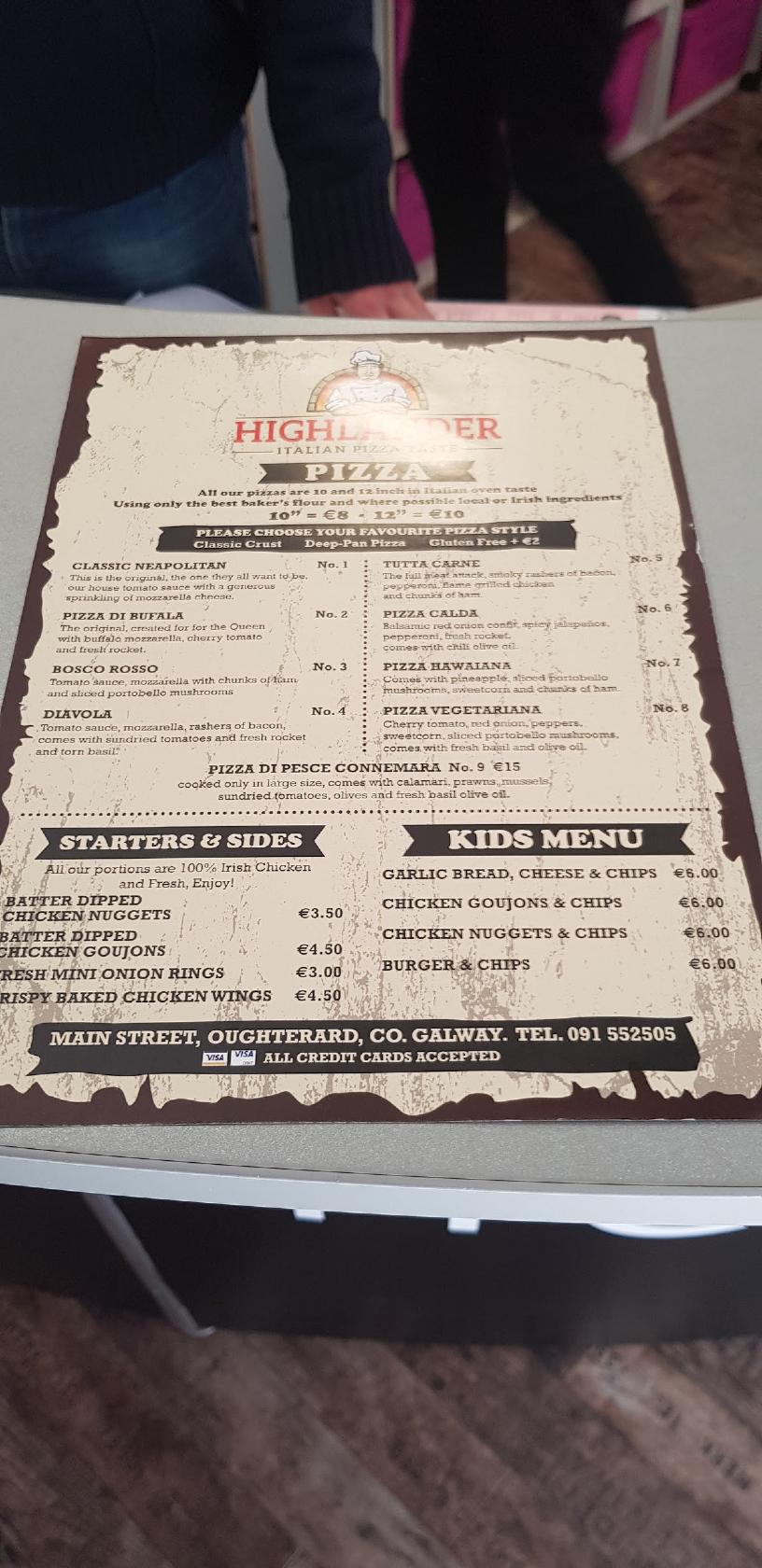 Menu at Highlander Takeaway fast food, Oughterard