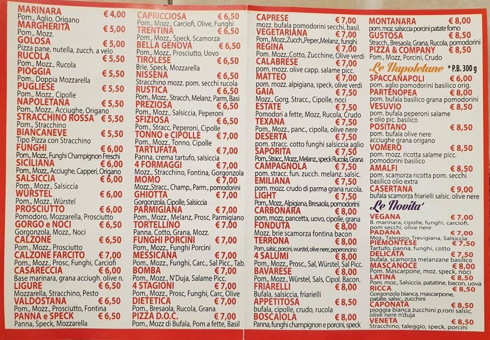 Menu da Pizza & Company pizzeria, Genova