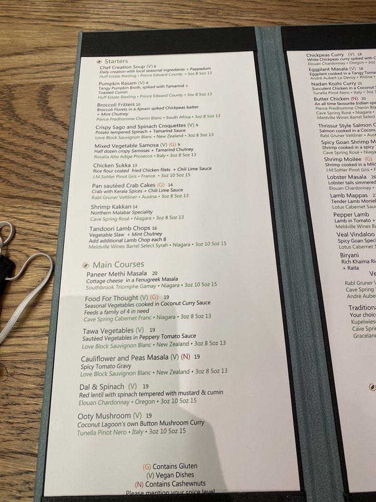 Menu at Thali restaurant, Ottawa