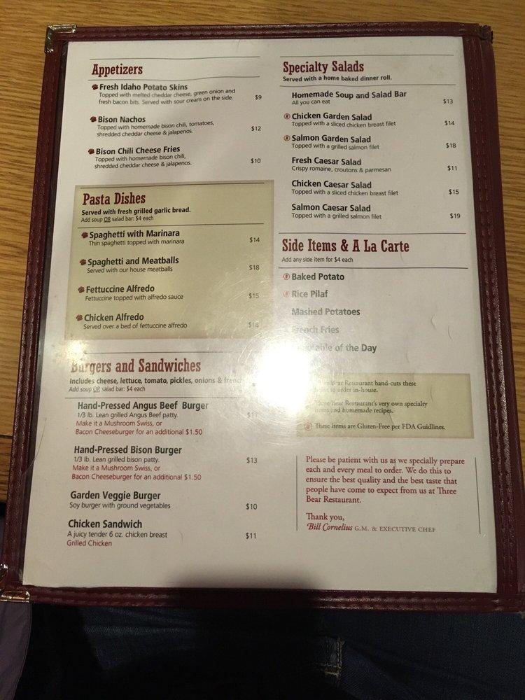 Menu at Three Bear Restaurant, West Yellowstone