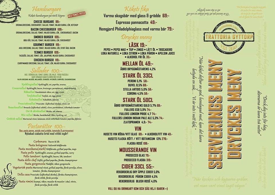 Menu at Trattoria Gyttorp restaurant, Sweden