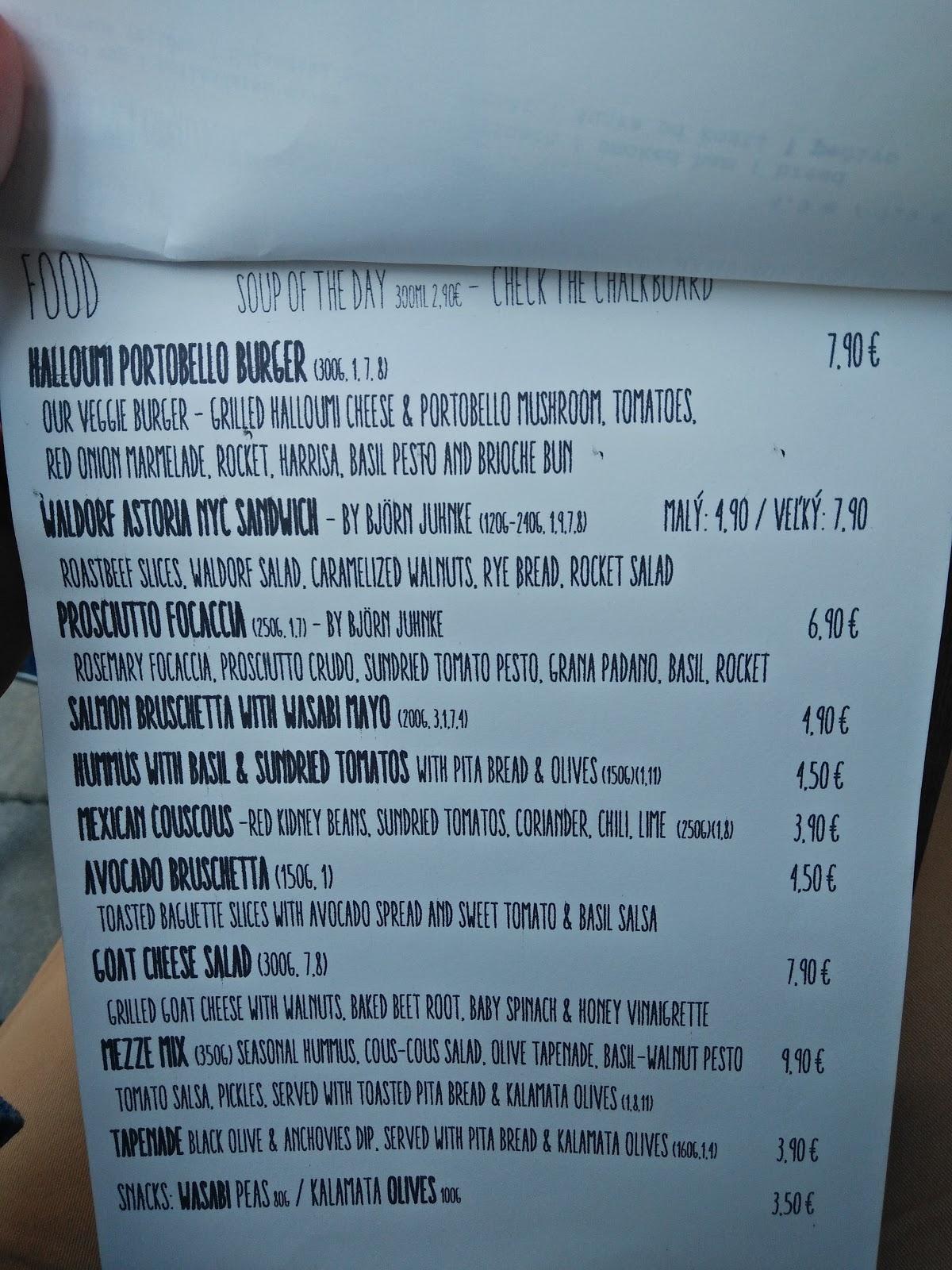 Menu at Urban House restaurant, Bratislava