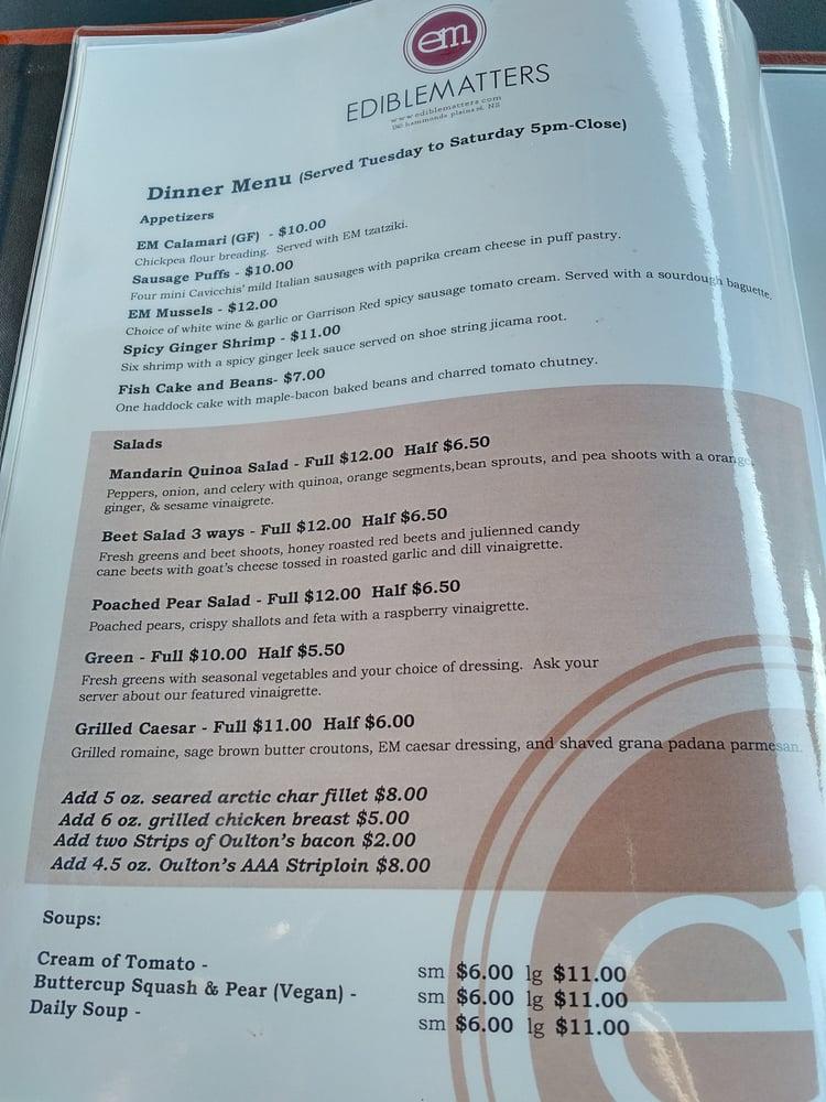 Menu au Edible Matters café, Upper Hammonds Plains