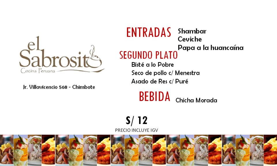 Menu at El Sabrosito restaurant, Chimbote, Manuel Villavicencio 558