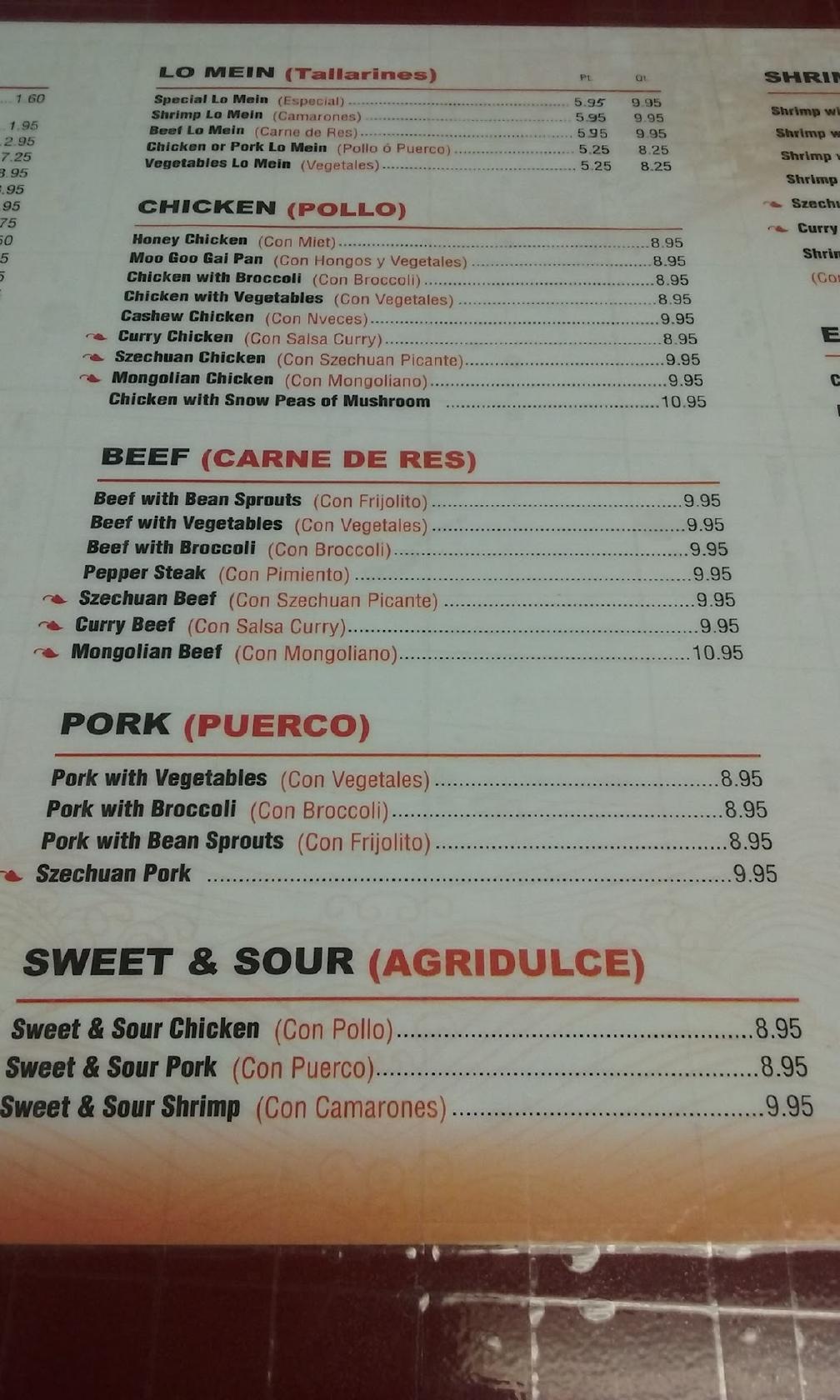 Menu at Hing's Chinese Restaurant, Miami