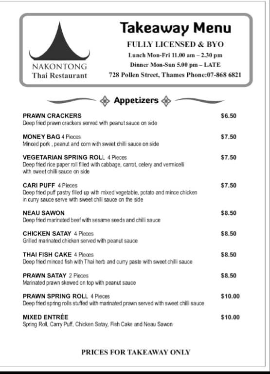 Menu at Nakontong Thai restaurant, Thames