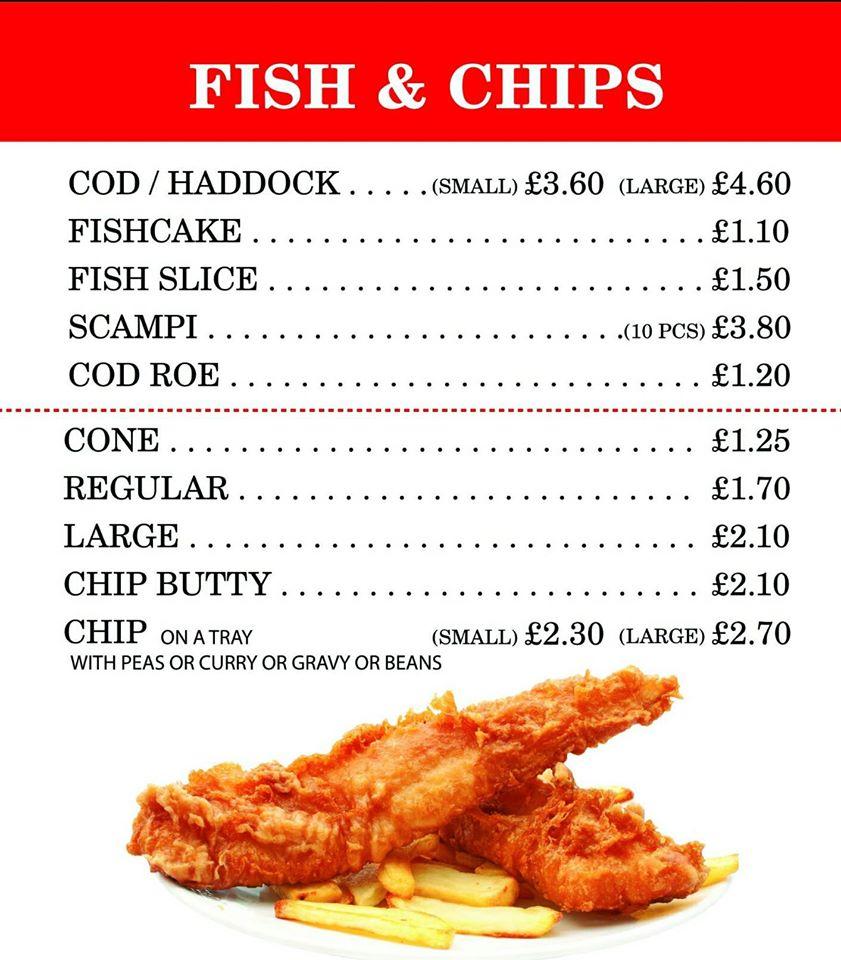 Menu at Penistone Fish & Chips restaurant, Sheffield