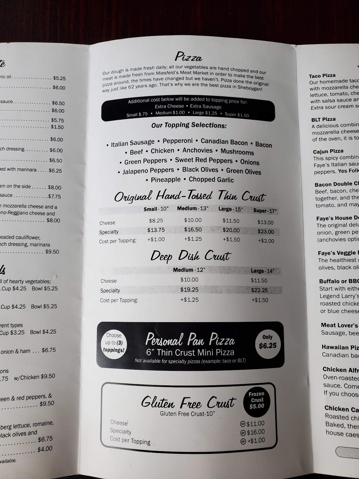 Menu at Faye's Pizza pizzeria, Sheboygan