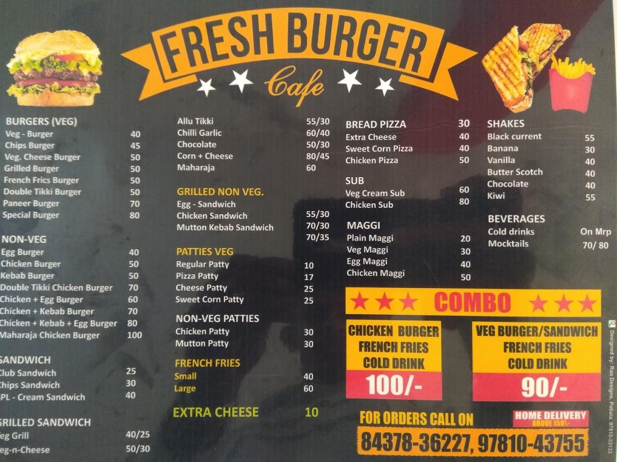 Menu at Fresh Burger Cafe, Patiala, near thapar polytechnic