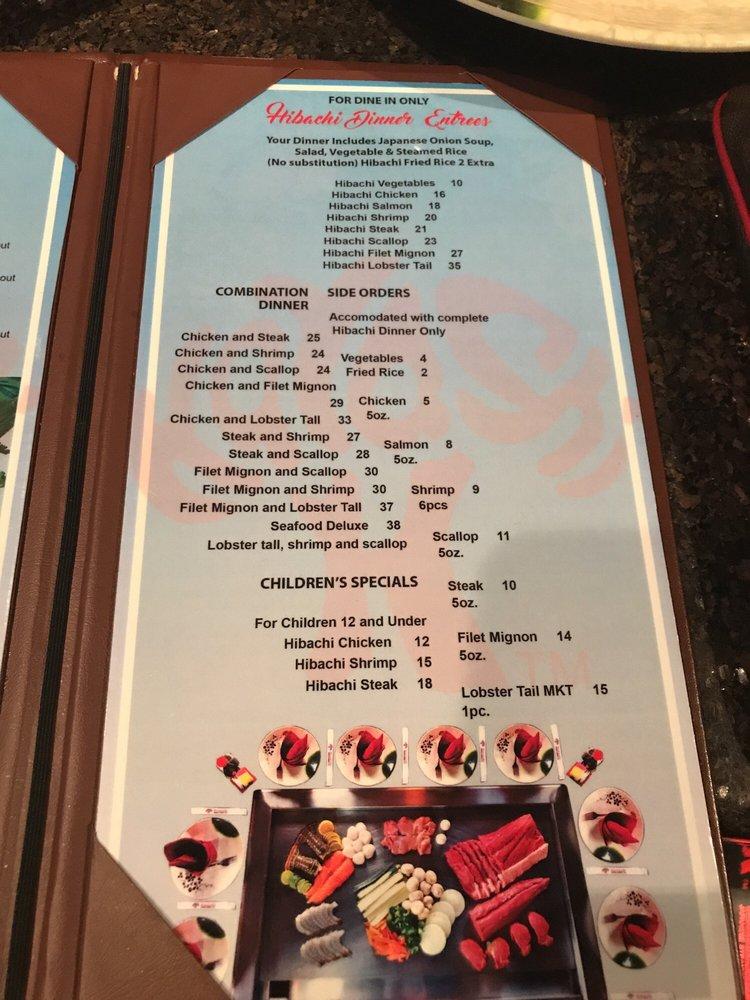Menu at Hayashi Hibachi restaurant, McAllen