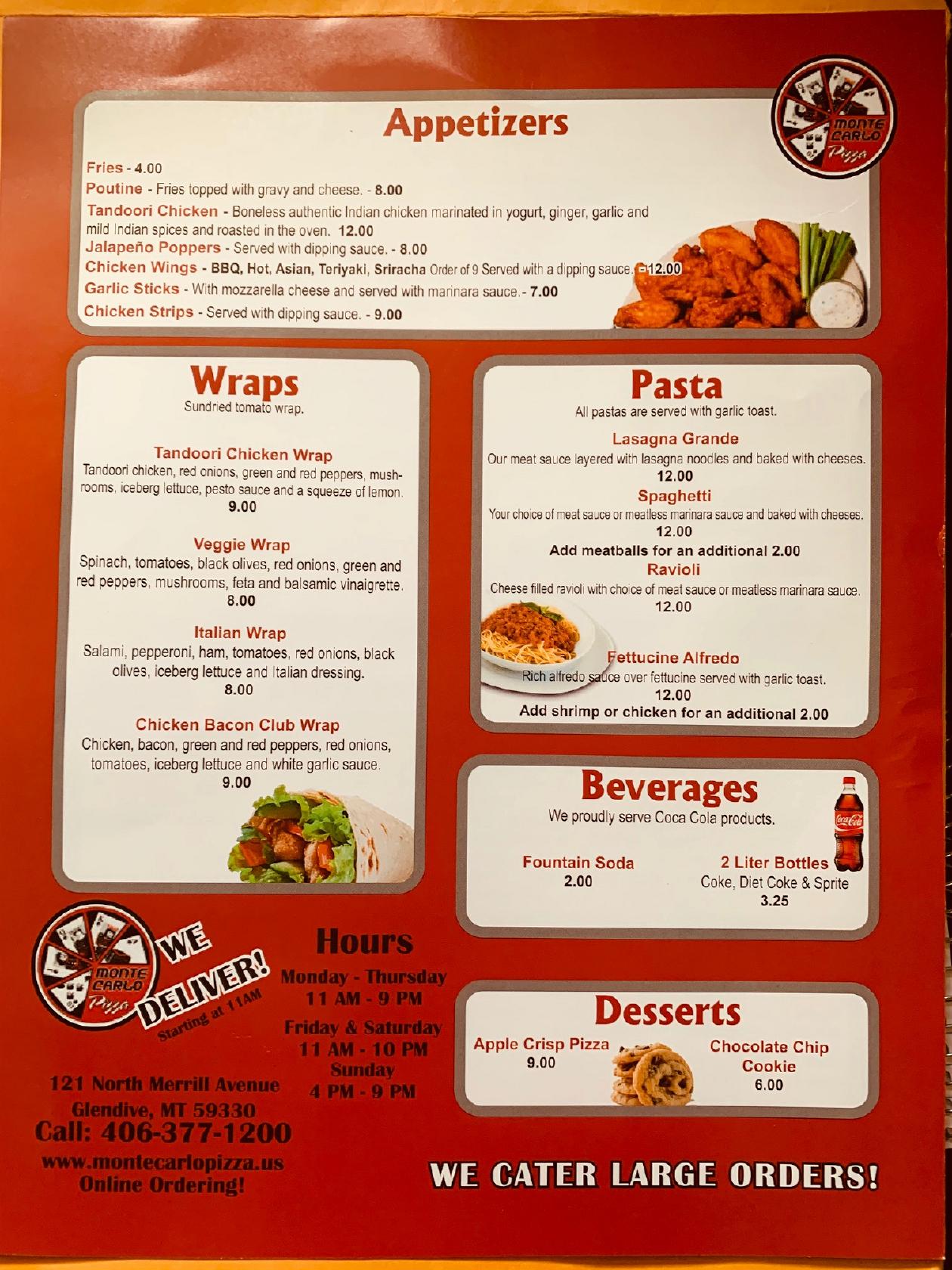Menu at Monte Carlo Pizza pizzeria, Glendive