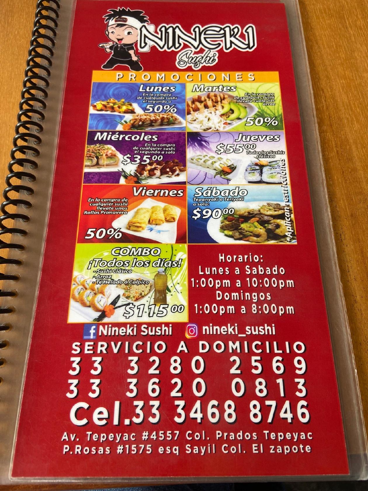 Carta del restaurante Nineki, Zapopan