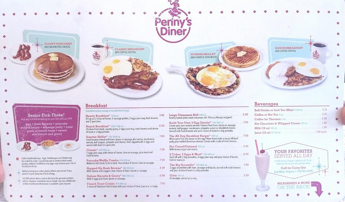 Menu at Penny's Diner restaurant, Low Moor