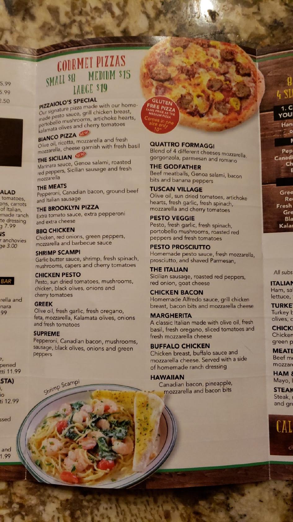 Menu at Pizzaiolo's pizzeria, The Woodlands