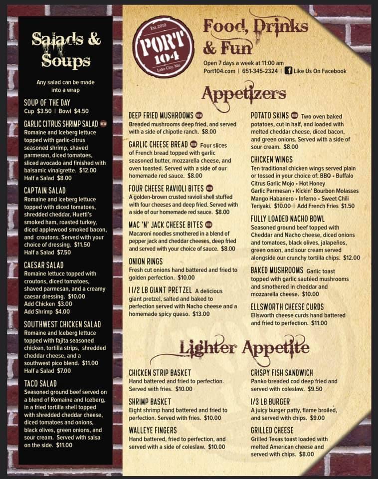 Menu at Port 104 pub & bar, Lake City, 104 N Washington St