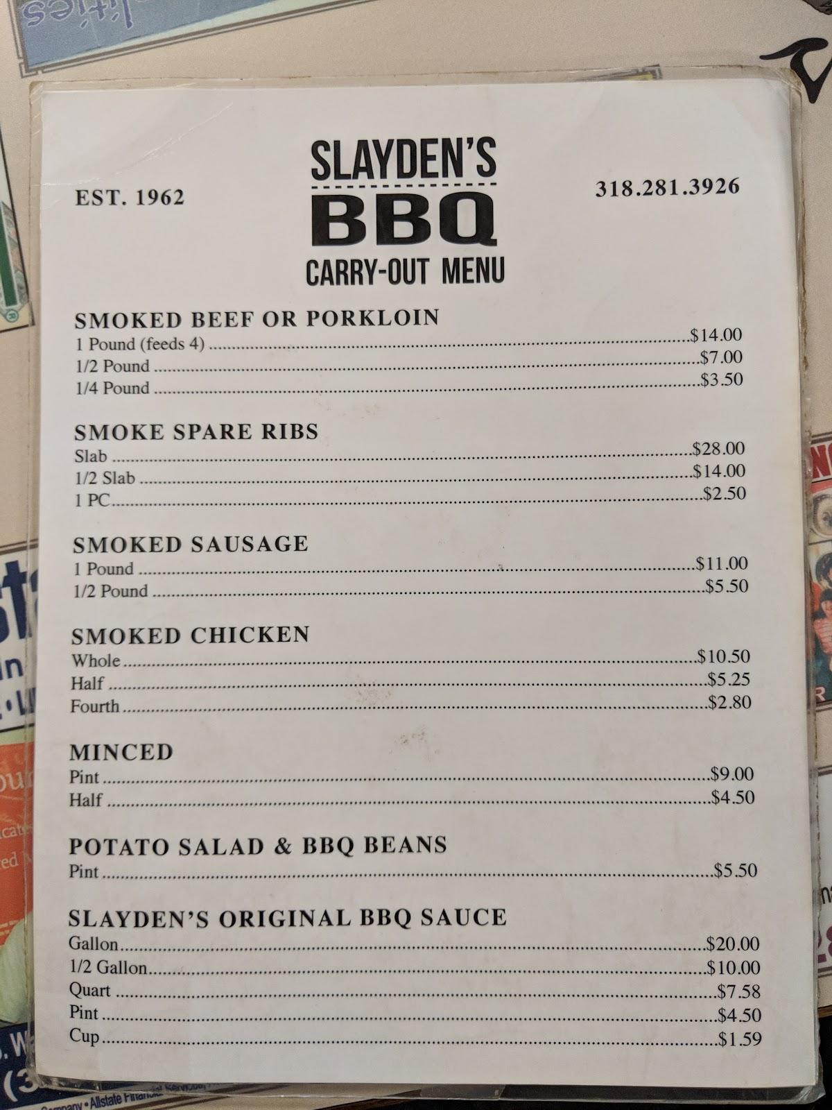 Menu at Slayden's Bar-B-Que, Bastrop