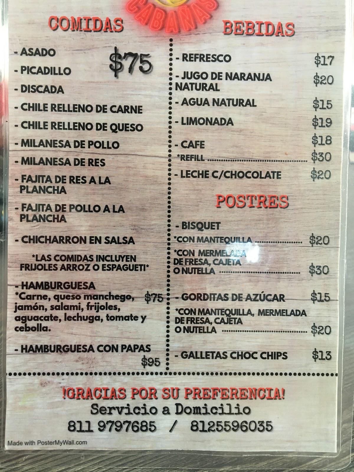 Menu at Tacos Mañaneros Cabañas restaurant, Monterrey