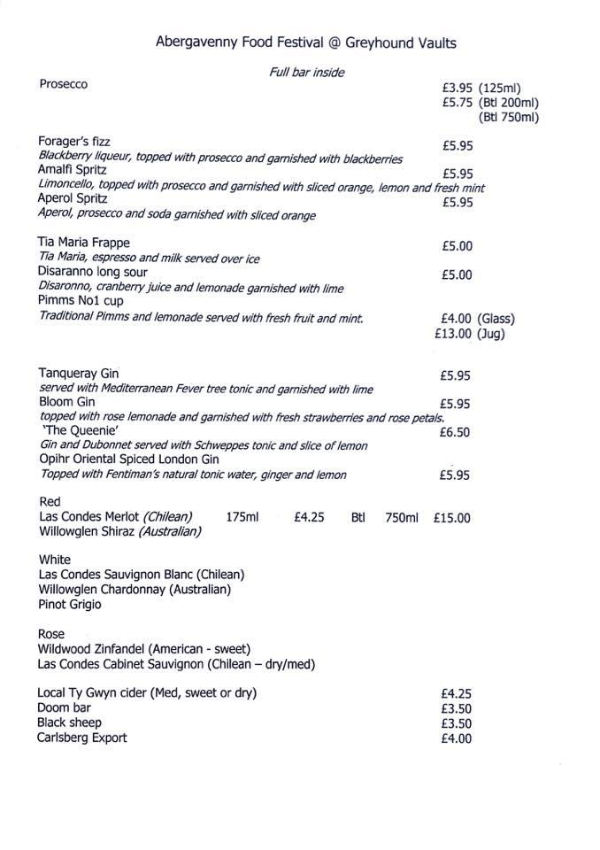 Menu at The Greyhound Vaults restaurant, Abergavenny, Market St