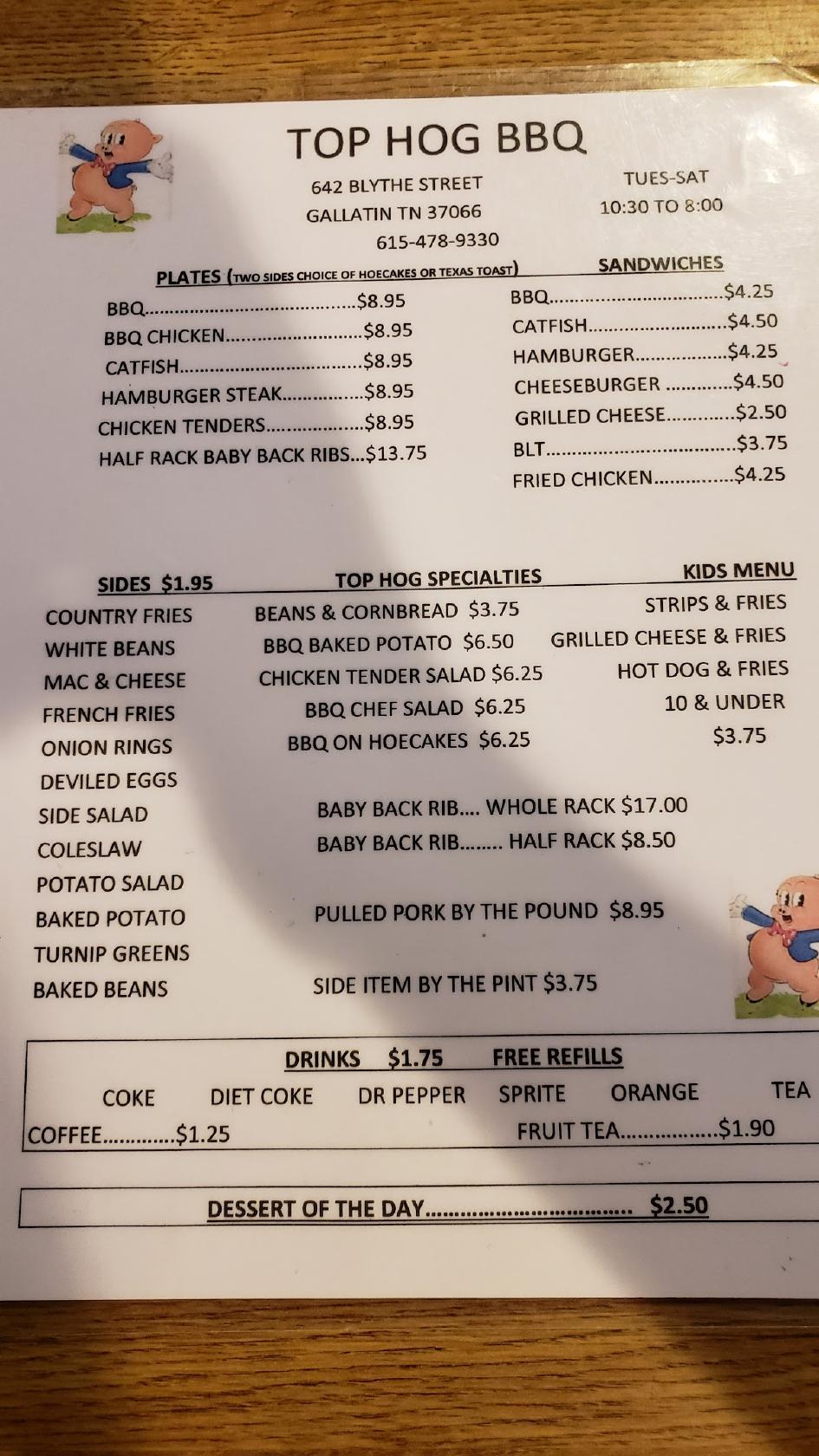 Menu at Top Hog BBQ, Gallatin