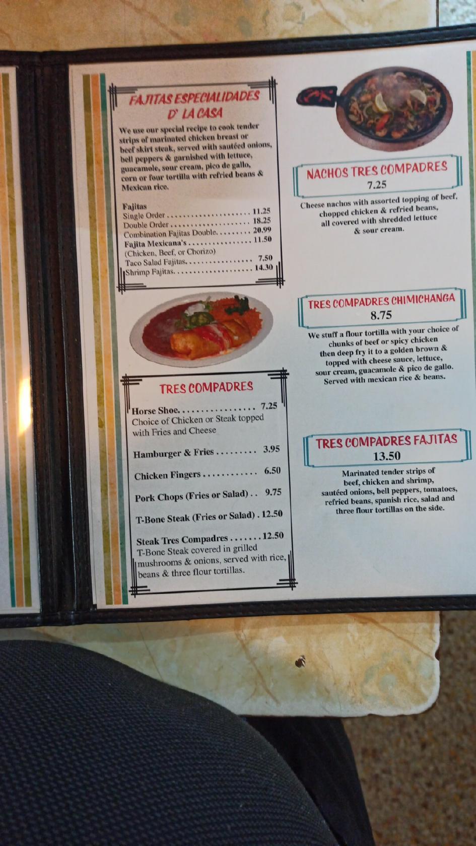 Menu at Tres Compadres restaurant, Pana
