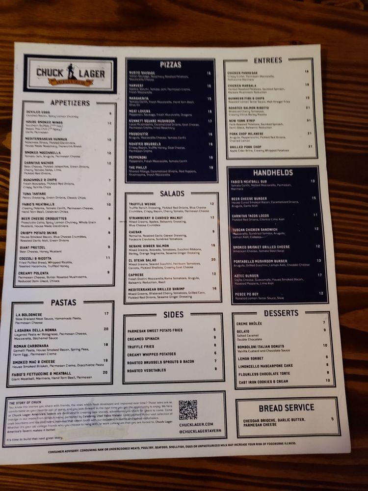 Menu at Chuck Lager America's Tavern restaurant, Pike Creek