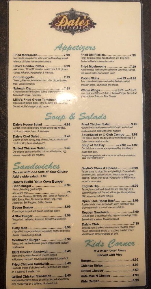 Menu at Dale's restaurant, Southaven