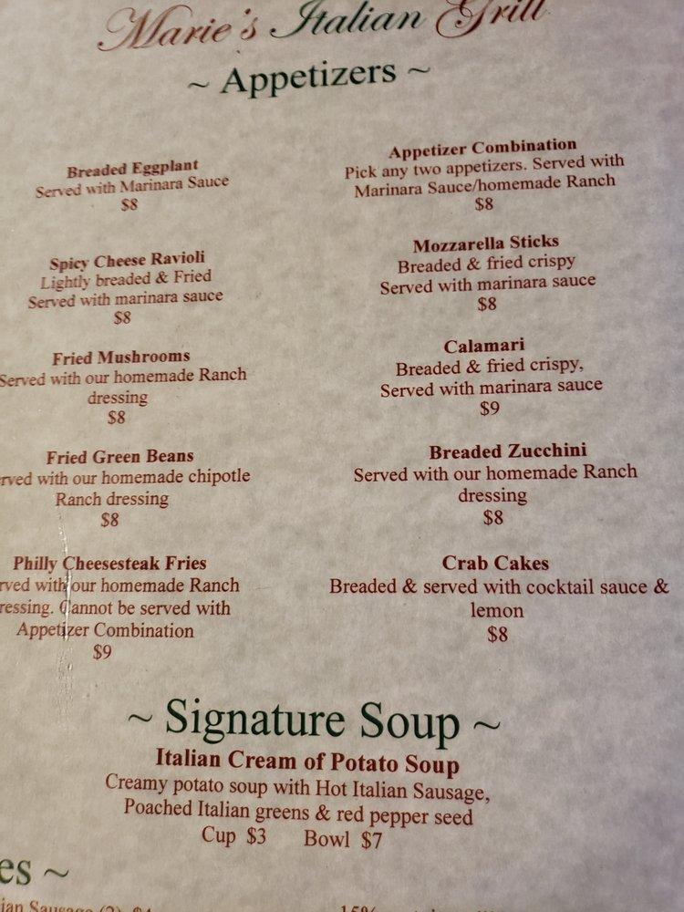 Menu at Marie's Italian Grill restaurant, Deming