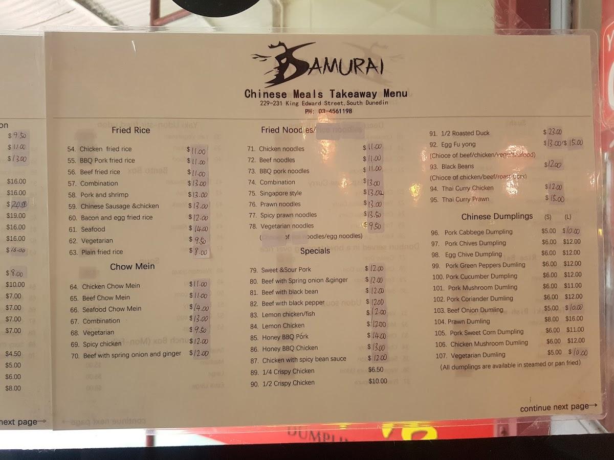 Menu at Samurai-New Asian restaurant, Dunedin