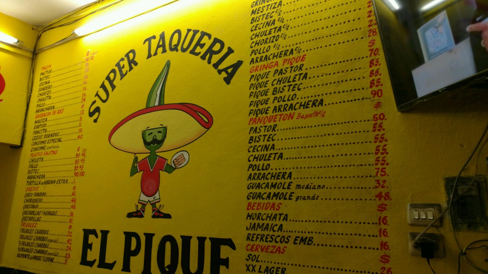 Menu at Taqueria El Pique restaurant, San Miguel de Cozumel, Pedro ...