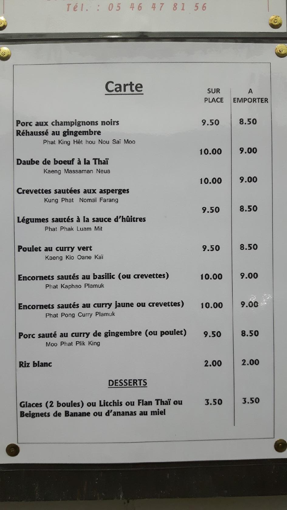 Menu at Bangkok Noï restaurant, Saint-Denis-d'Oléron