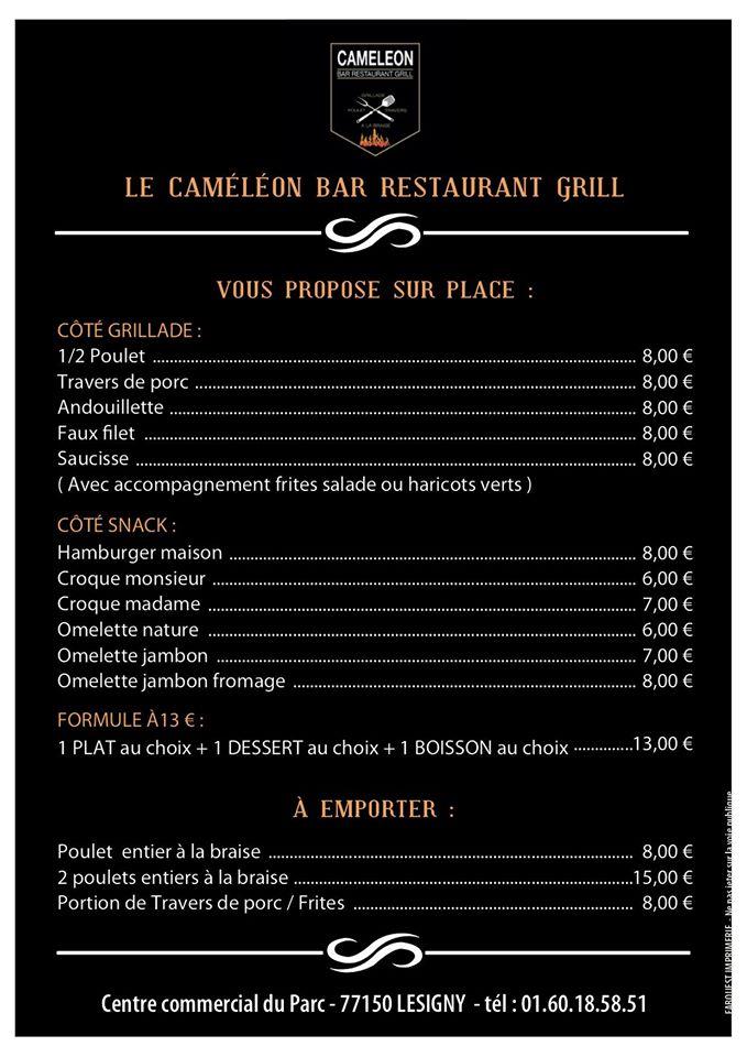 Menu at Le Cameleon restaurant, Lésigny