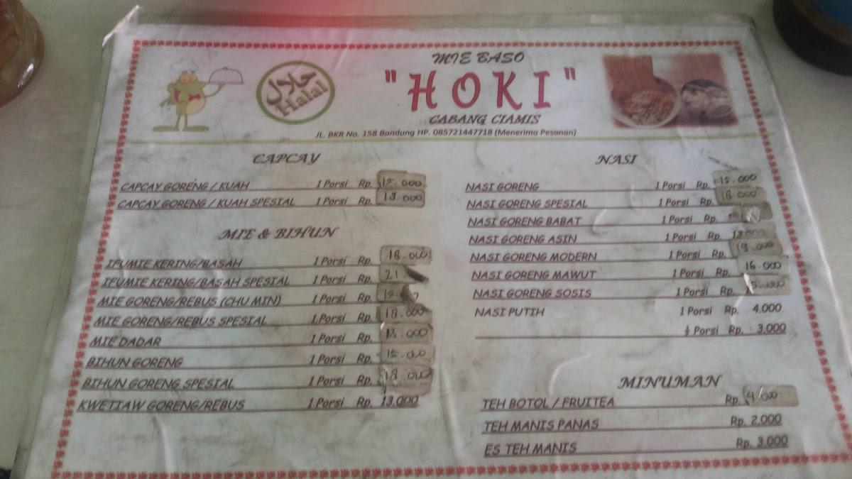 Menu at Mie Baso Hoki restaurant, Bandung