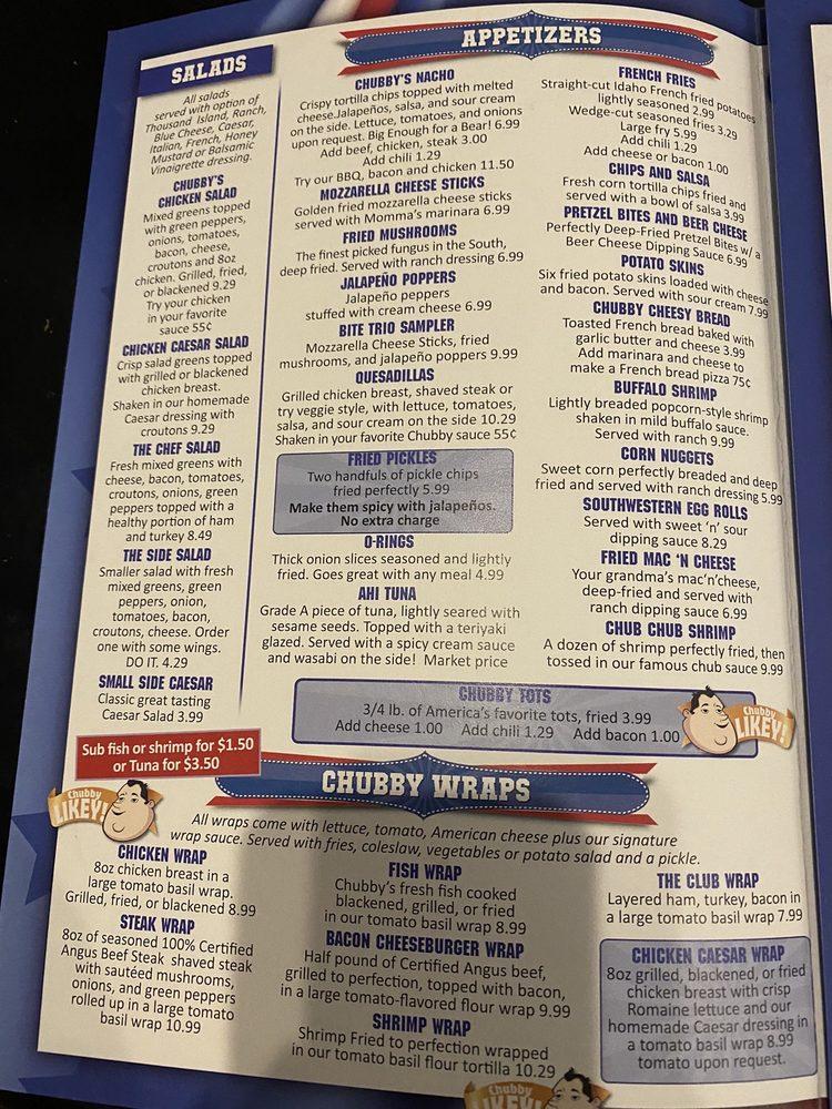 Menu at Mr. Chubby's Wings pub & bar, Ponte Vedra Beach