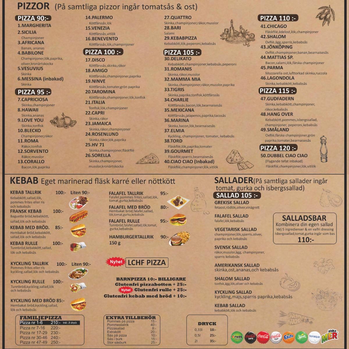 Menu at Pizzabutiken Shalom pizzeria, Jönköping