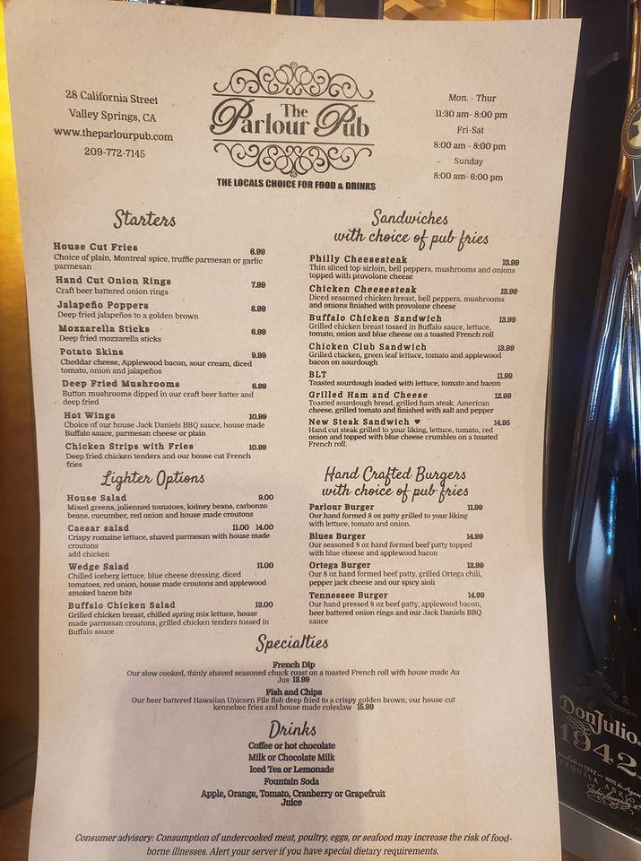 Menu at The Parlour Pub, Valley Springs