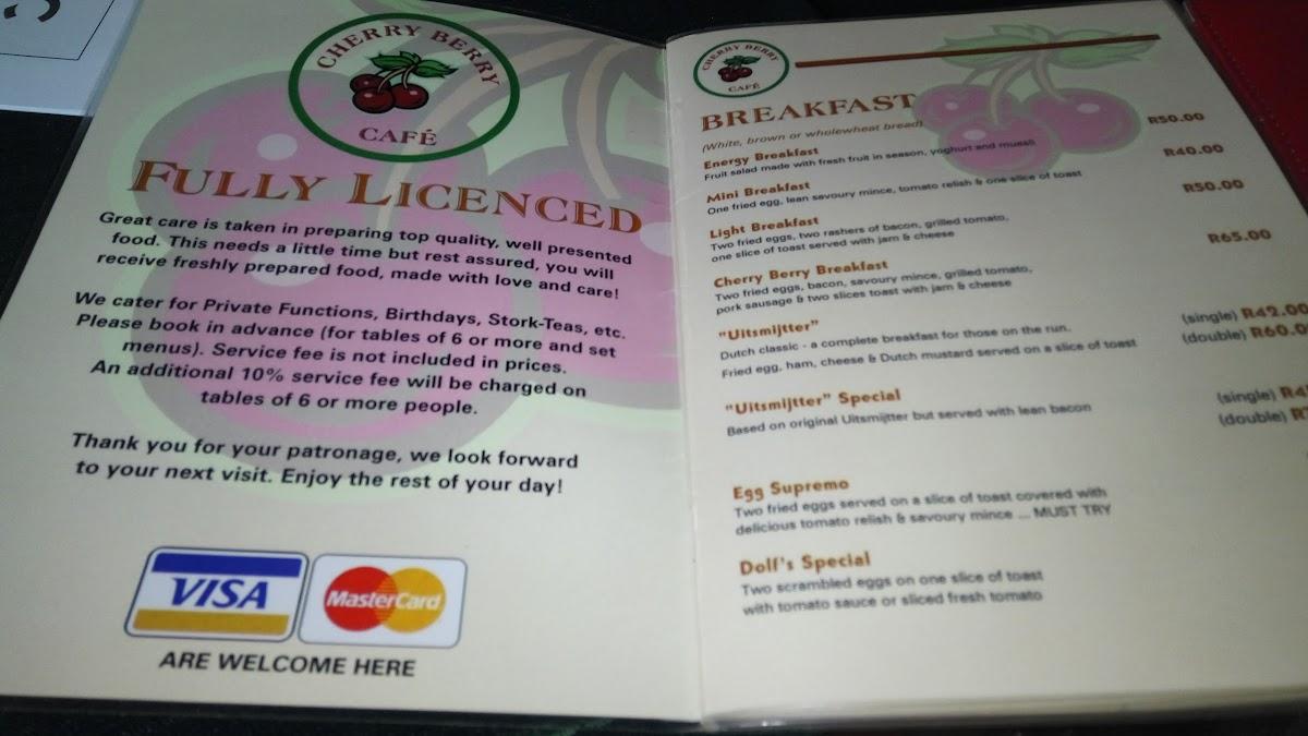 Menu at Cherry Berry cafe, Centurion