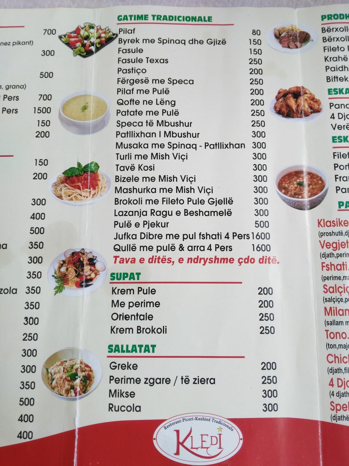 Menu at Kledi Restorant restaurant, Tirana, 8QFW+PJP