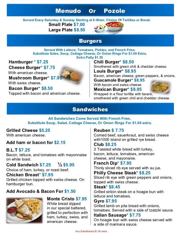 Menu at Louis' Cafe, Golden