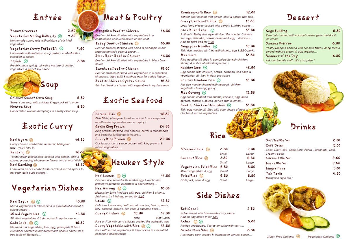 Menu at Mama Malaya restaurant, Underwood